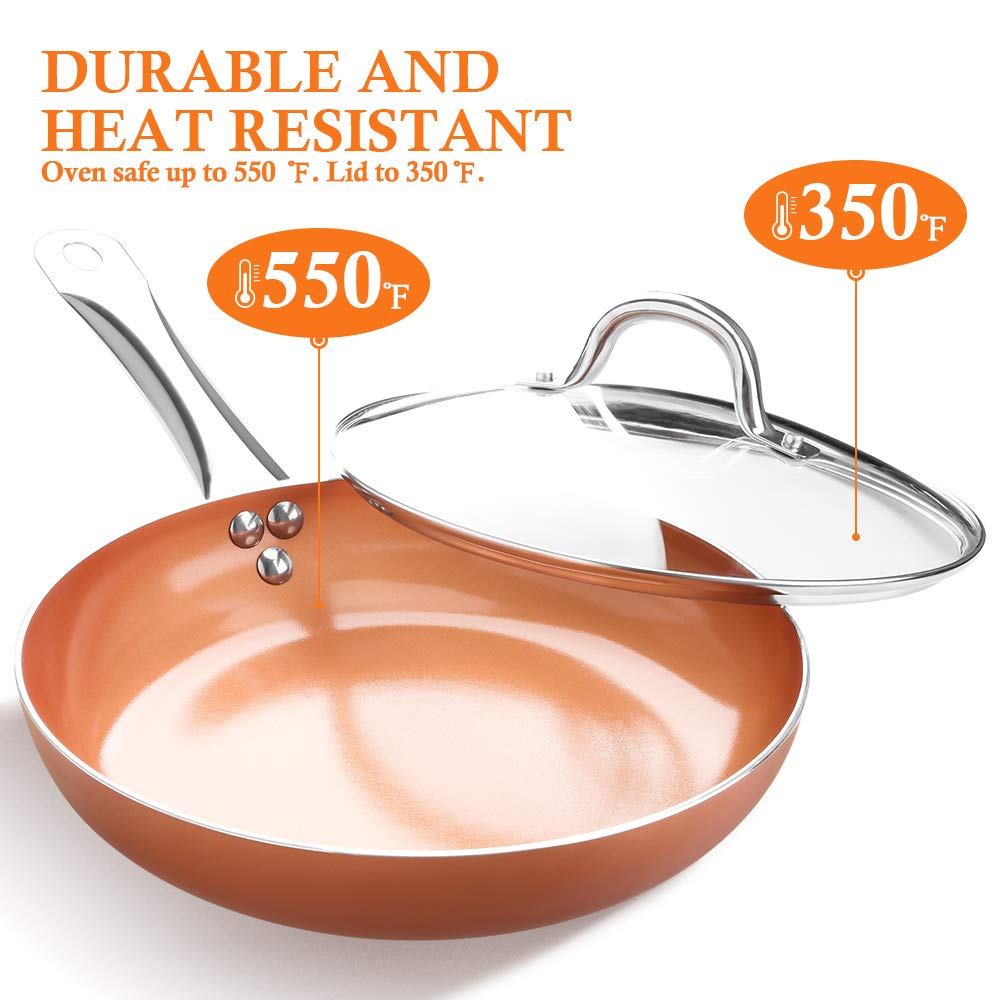 SHINEURI 9.5 inch Copper Fry Pan with Lid, Nonstick Omelet Pans - Perfect for Stir fry, Sauce & Baking, Compatible for Induction, Gas, Electric & Stovetops, Perfect for 2-3 Person Meal