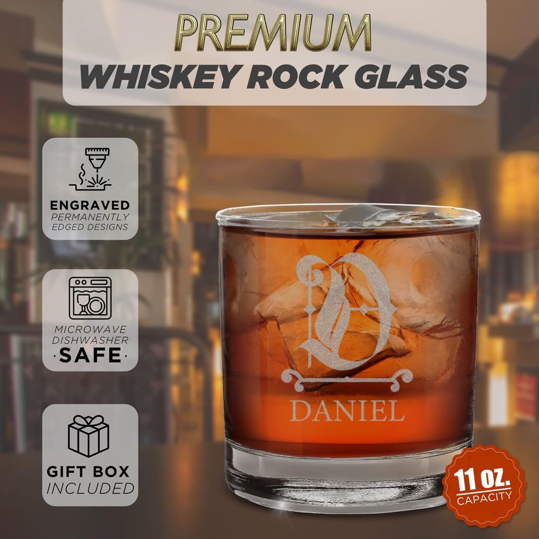 Personalized Monogram Engraved Bourbon Whiskey Rocks Glass 11 oz, Custom Drinking Gift with Initial and Name for Him, Her