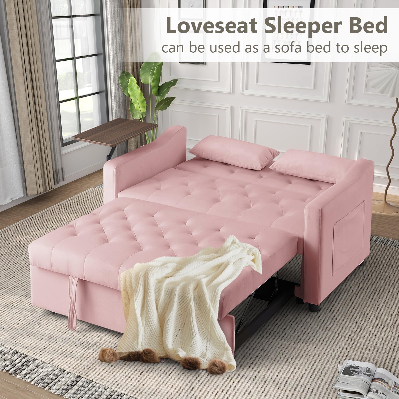 Yafylly 3 in 1 Convertible Sofa Bed, 3-Level Adjustable Backrest Loveseat Sleeper, Small Pull Out Couch with 360° Rotating Side Table for Living Room, Apartment, Bedroom, Office