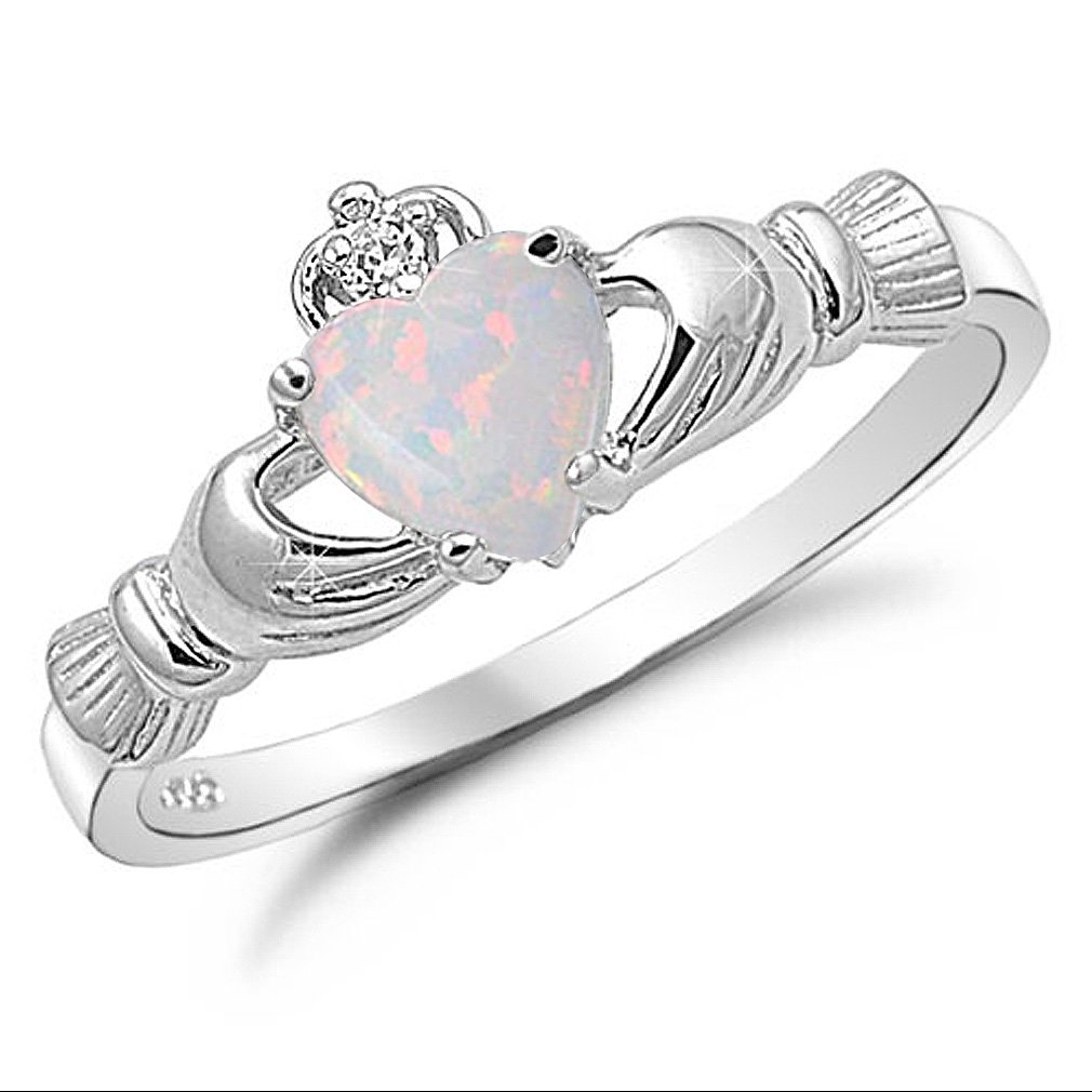 Kriskate & Co. Irish Claddagh Ring .925 Sterling Silver with Simulated Lab Opal Heart Promise Ring Size 6
