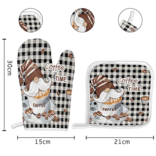 Oven Mitts, Coffee Time Anti-Skid Cooking Gloves for BBQ, Microwave, Baking, Cooking, Thermal Insulation Hot Pads Potholders for Handling Hot Cookware Gnome Coffee Beans Black-White Plaid