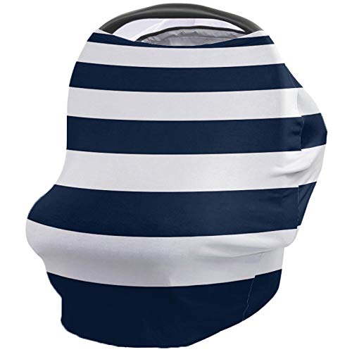 Nursing Cover Carseat Canopy, White Navy Stripes Nautical Decor Soft and Breathable Stroller Covers for Breastfeeding Infants, Multiuse-Nursing Scarf,Stretchy Babysitting Scarf
