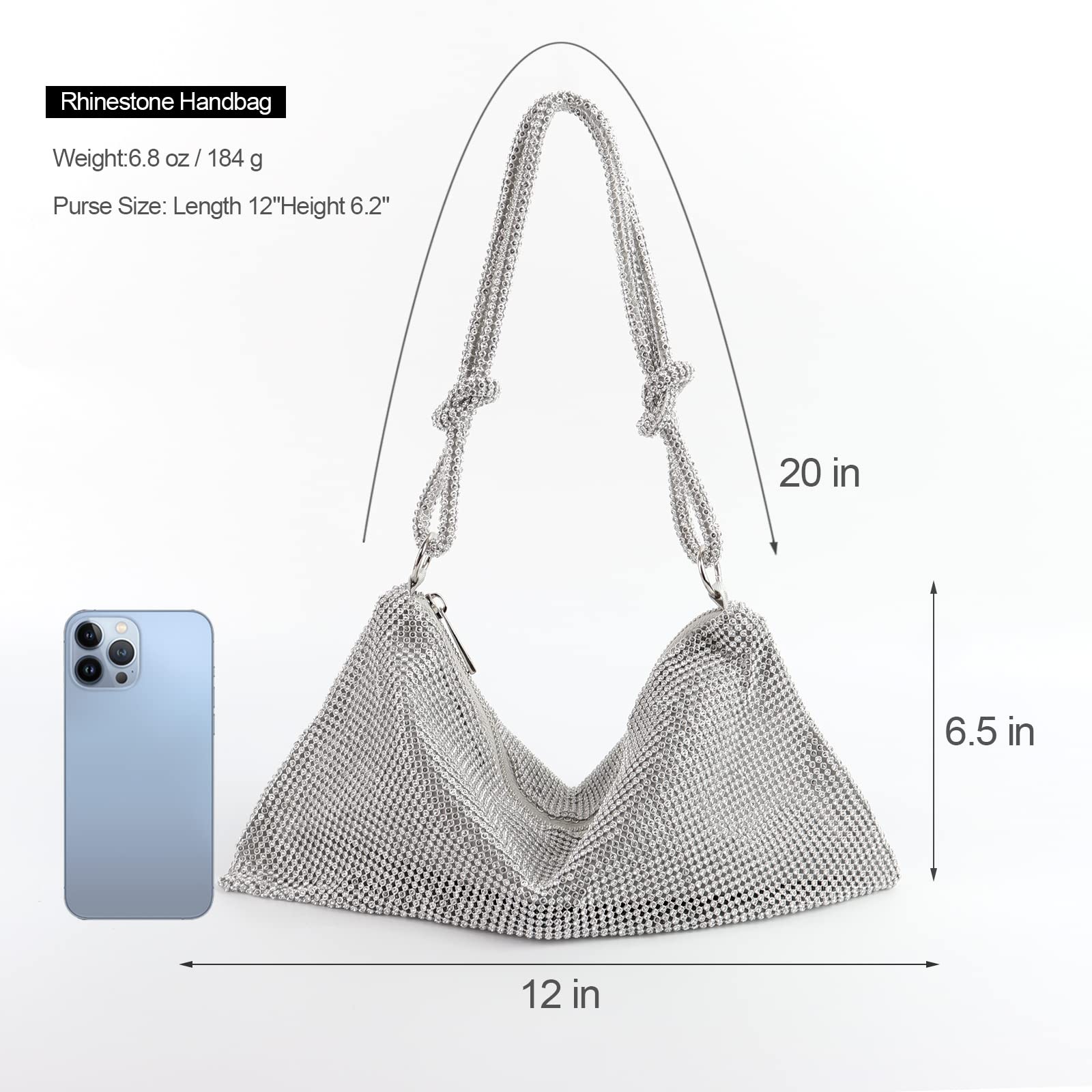 Rhinestone Purses for Women Hobo bag Sparkly Evening Handbag Silver Purses Clutch Purse for Party Club Wedding