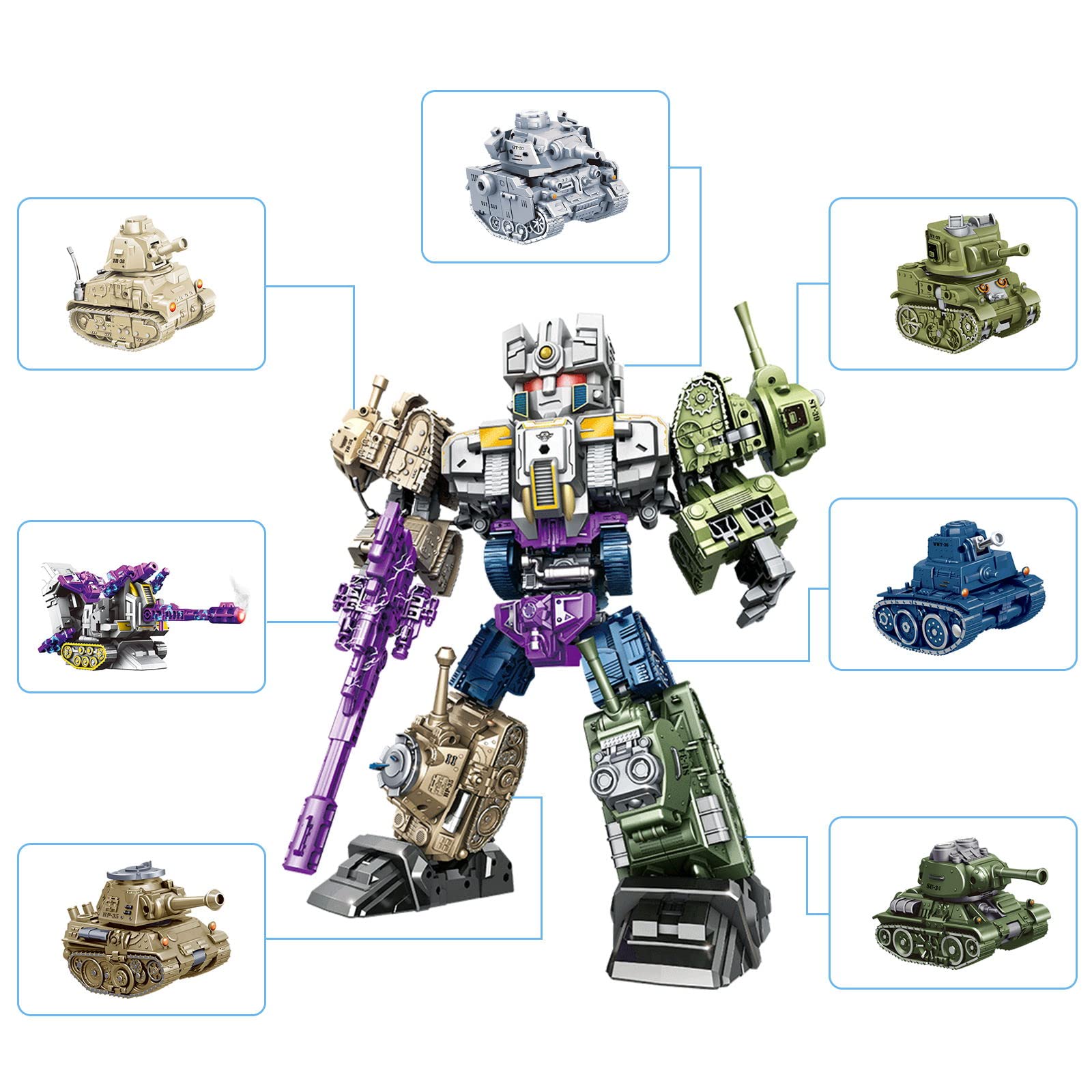 TUNJILOOL 6 Pack Tank Transform Toys Robot, 6 in 1 Transforming Tank Cars Toys Transform for Kids