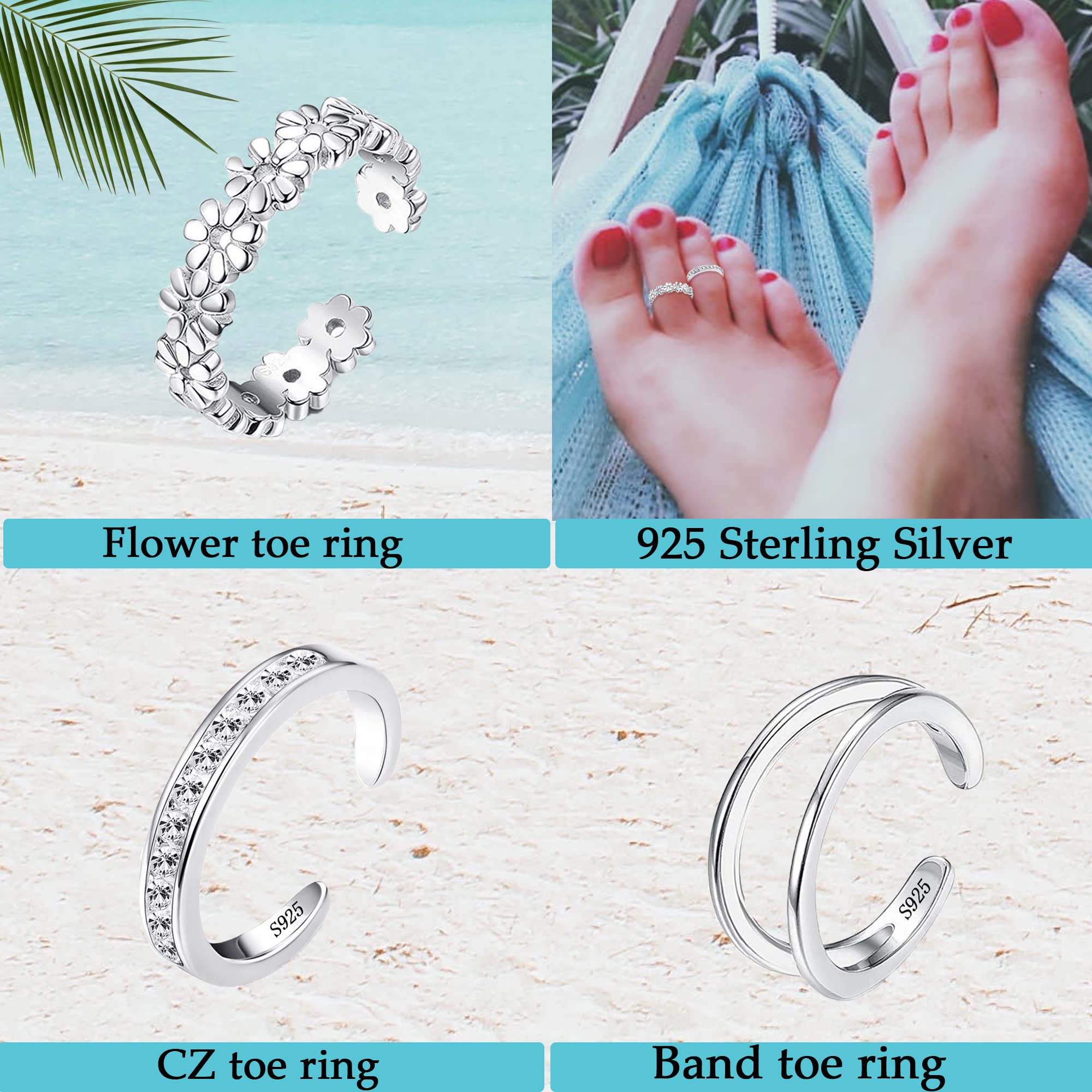 MJust 3pcs 925 Sterling Silver Toe Rings for Women Hypoallergenic Adjustable Open Band Toe Rings Jewelry Set (Silver)