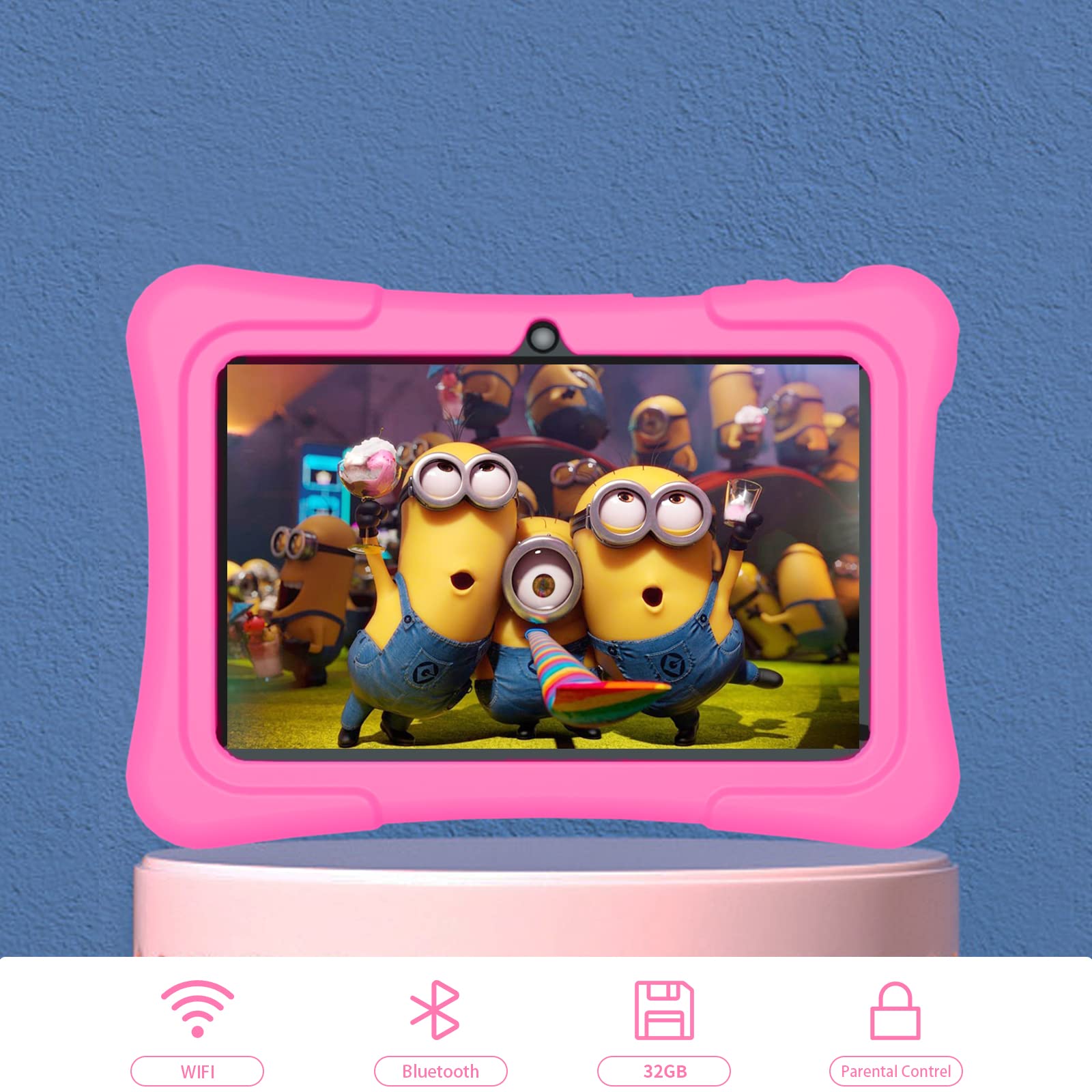 Kids Tablet, 7 inch Android Tablet for Kids, 6GB RAM 32GB ROM Toddler Tablets with Case, Bluetooth, WiFi, Parental Control, 2MP+2MP Dual Camera, FM, Educational, Games (Pink)