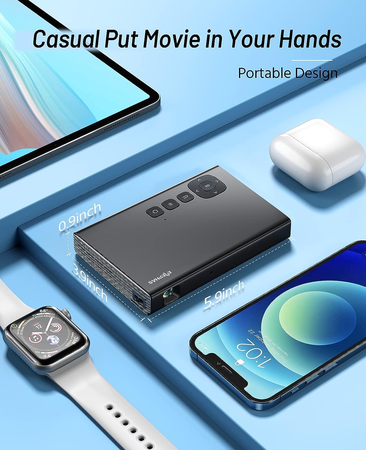 Mini Projector, ELEPHAS DLP Portable Projector with WiFi and Bluetooth, 1080P Outdoor pocket Rechargeable Wireless projector for Camping Compatible with iPhone, Android, PS4(Bag and Tripod included)
