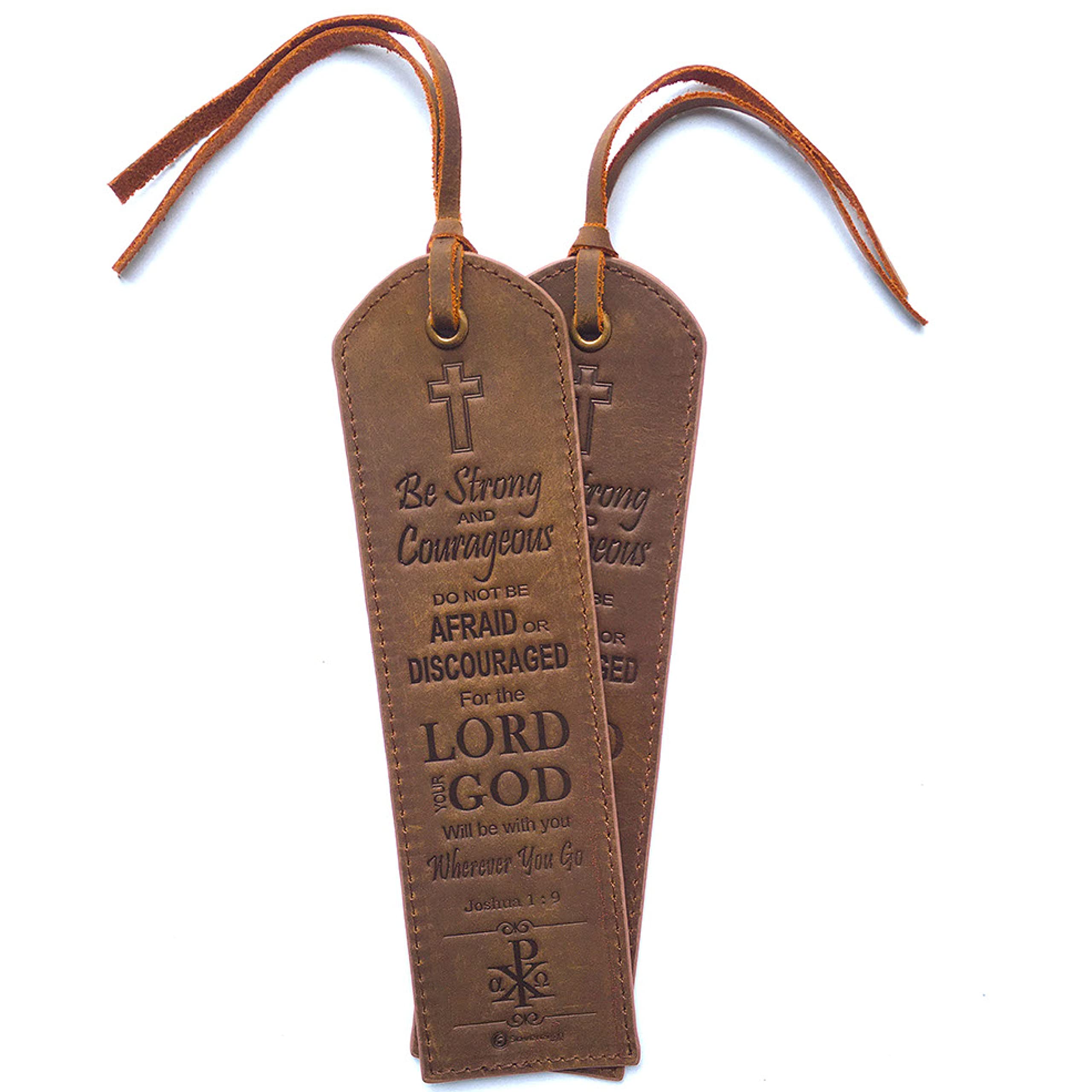 Leather Bible Bookmarks - 2 Leather Christian Bookmarks with Inspirational Bible Verse | Joshua 1: 9 Be Strong & Courageous | Perfect Religious Book Marker Gifts for Men, Women, Readers and Friends