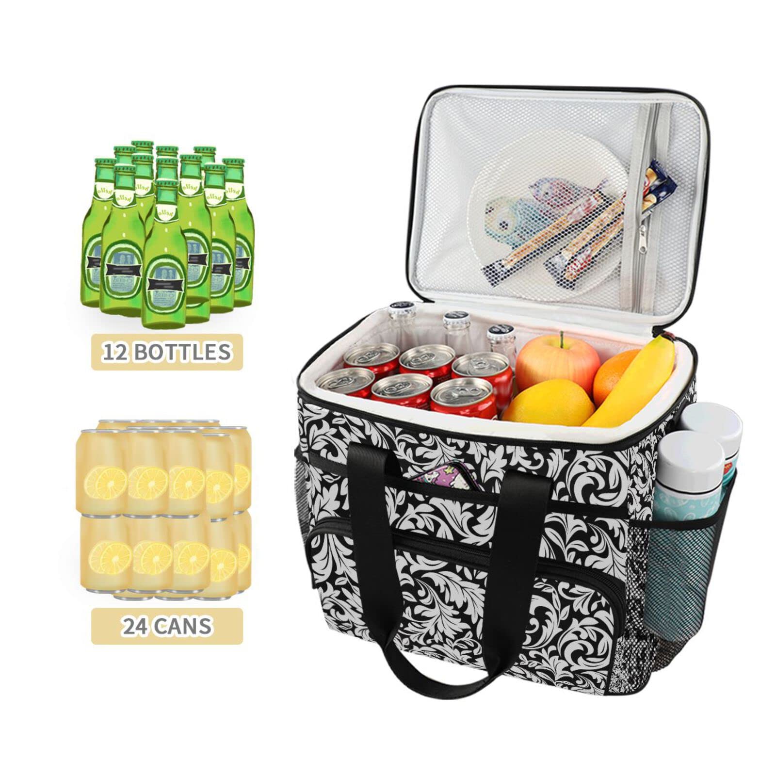 Seamless Gold Baroque, Damask Floral Pattern in Black White Style Insulated Leak proof Cooler Large Capacity Lunch Bag with Adjustable Shoulder Strap for Camping Picnic Reusable Cooler Bag