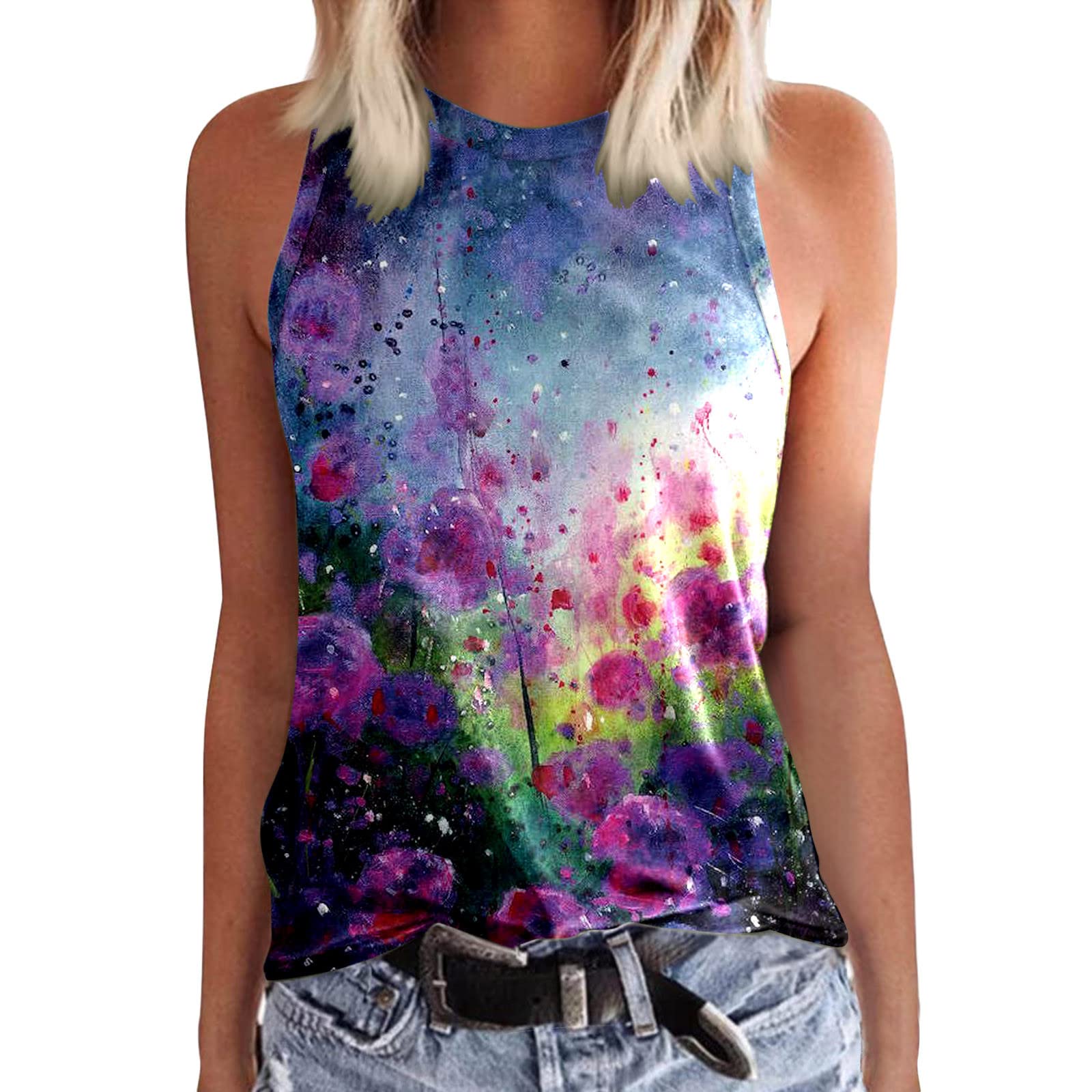 Running Tops for Women Tanks for Womens Crewneck Sleeveless Print Tank Tops Summer Casual Loose Fit Basic Shirts Beach,Comprar Devoluciones A-Purple