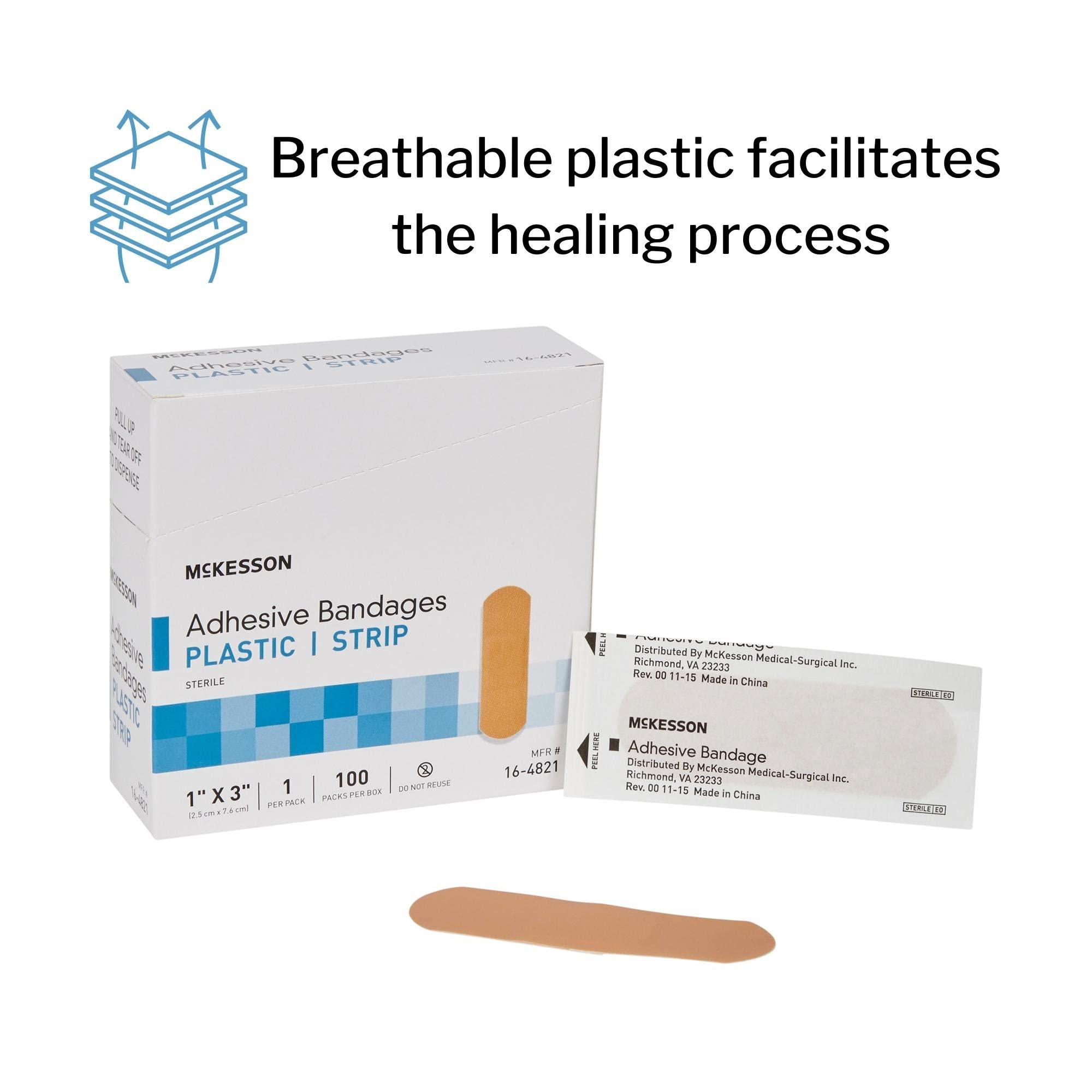 McKesson Adhesive Bandages, Sterile, Plastic Strip, 1 in x 3 in, 100 Count, 2 Packs, 200 Total