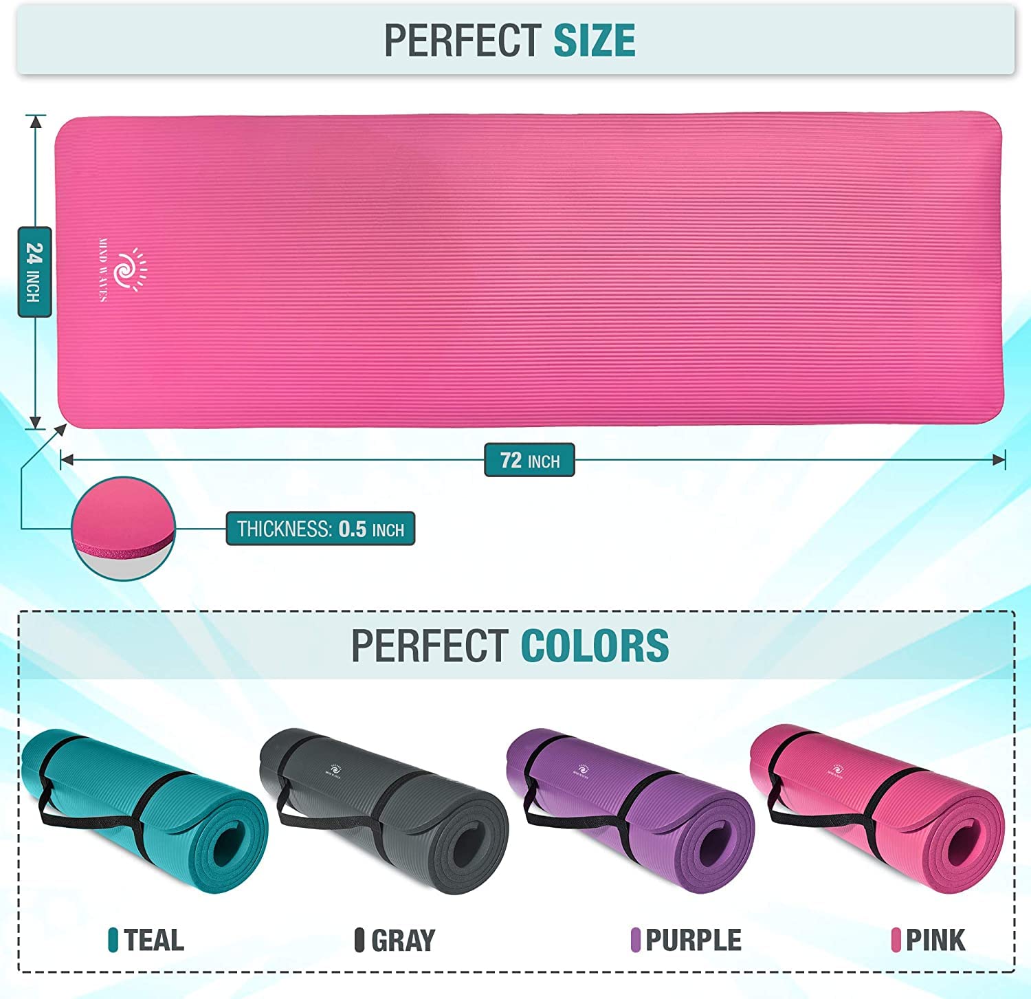 Mind Waves Extra Thick 1/2 inch Yoga Mat Non Slip Eco Friendly Anti- Tear Exercise Mat Strap Included (Pink)