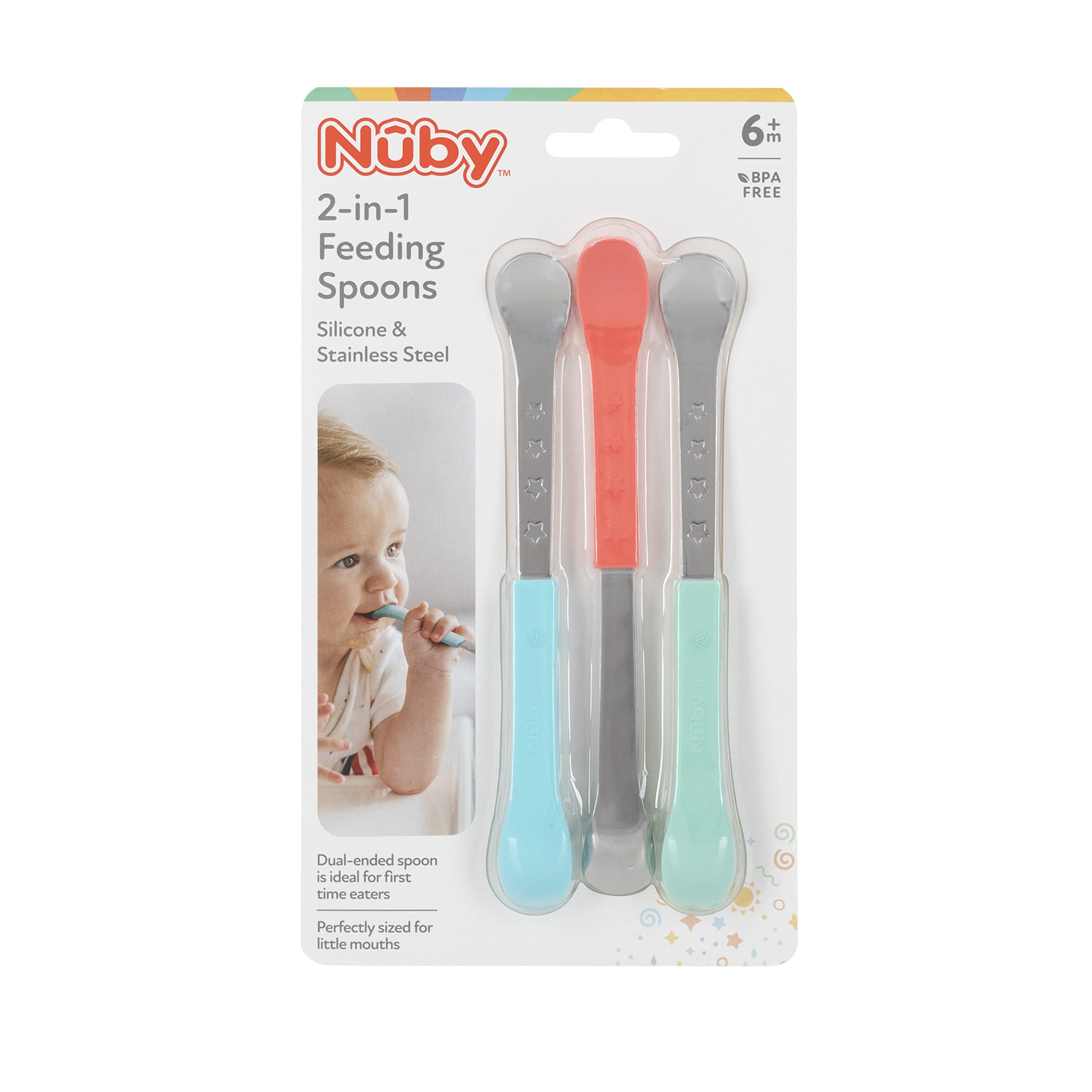 Nuby 2-in-1 Stainless Steel and Silicone Baby Weaning Spoons with Long Handles - 6+ Months, 3-Pack