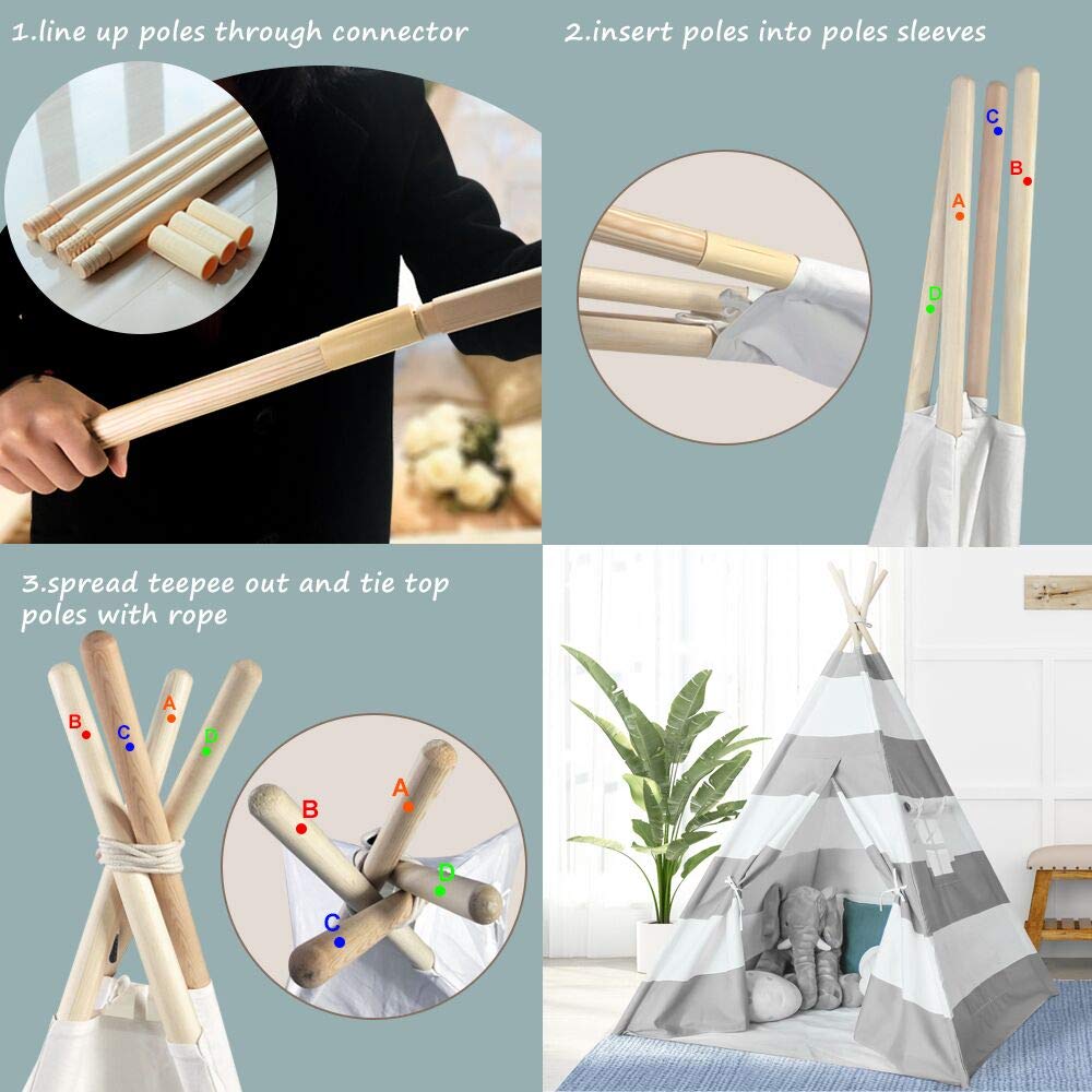 Kids Teepee Tent for Kids Play Teepee Tent for Boys Indoor Outdoor Play House, Kids Teepee Play Tent for Boys,Canvas Tipi Tent Kids,Grey Stripe Teepee