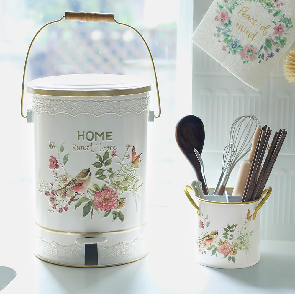 Z&Z ornamentorum Retro Kitchen Trash Can with Lid and Pedal Round Touchless Garbage Cans with Flower and Bird Patterns Outdoor Trash Can for Kitchen Park Garden,Pink