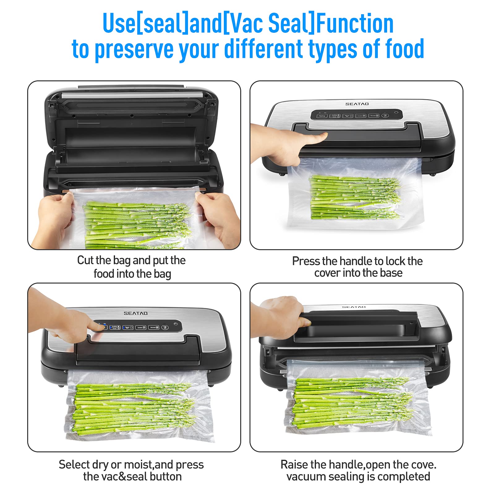 SEATAO VH5156 Vacuum Sealer, 80kpa Multifunctional Commercial and Home Vacuum Food & 2 Pack 8β X 60'Vacuum Sealer Rolls for Food Saver, Seal a Meal, BPA Free, Commercial Grade