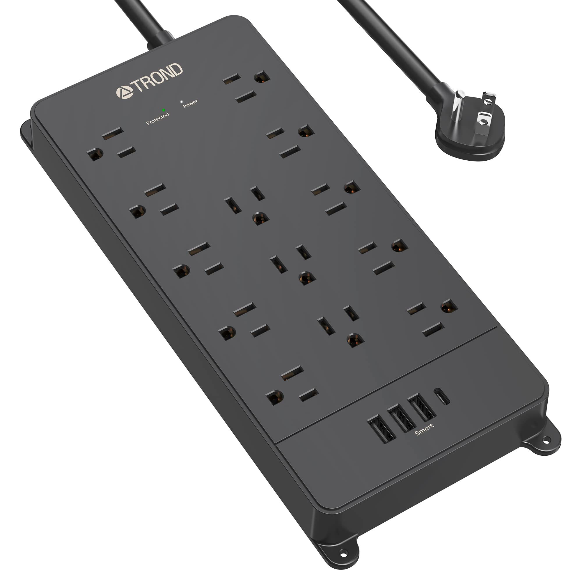 TROND Power Strip Surge Protector, 4000J, ETL Listed, 13 Widely-Spaced Outlets Expansion with 4 USB Ports(1 USB C), Low-Profile Flat Plug, Wall Mountable, 5ft Extension Cord, 14AWG Heavy Duty, Black