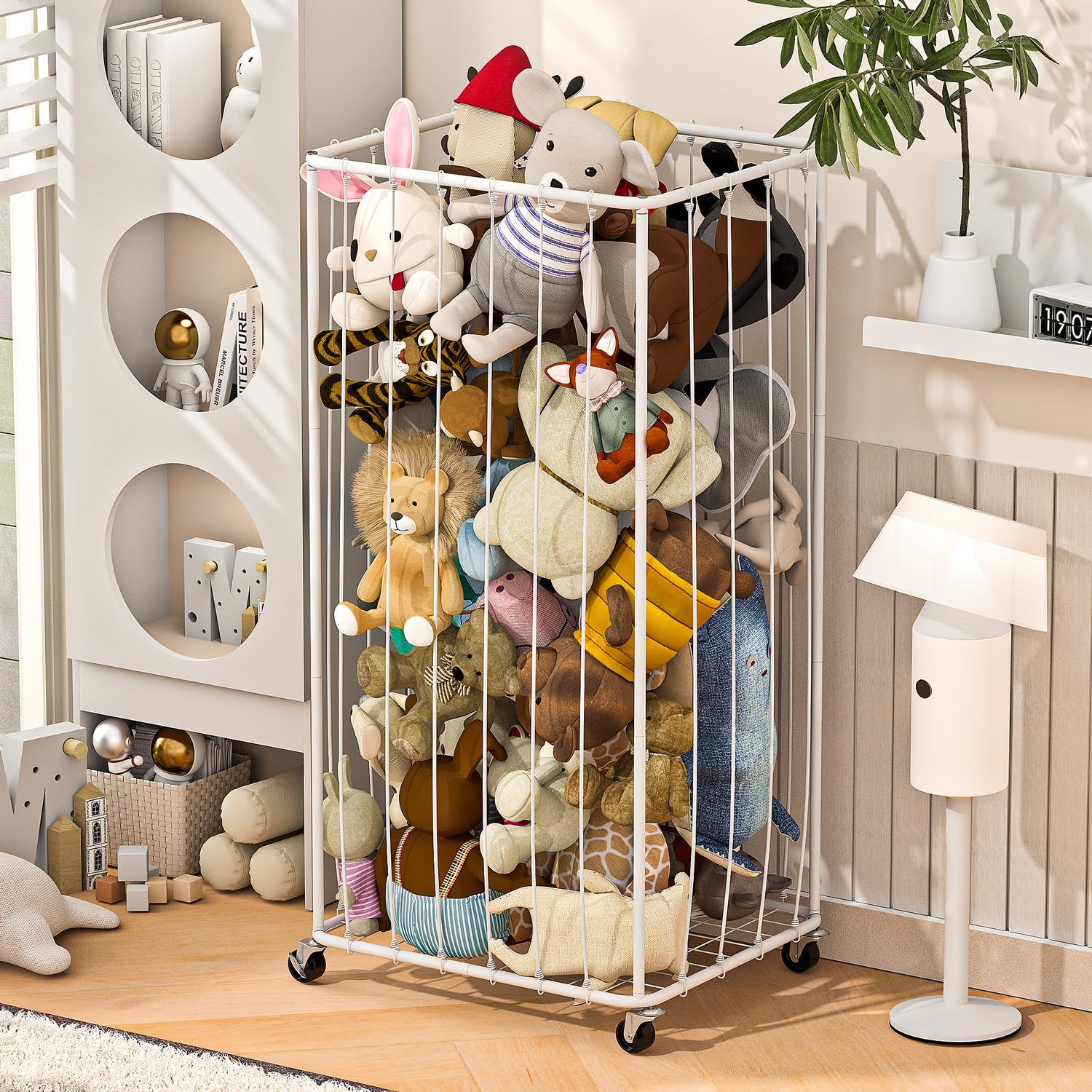 YKDIRECT 210L Stuffed Animal Organizer Plush Toy Storage Organizer Toy Storage Basket, Kids Toy Storage Bins with Wheels, Metal Frame and Elastic Cord Design, Suitable for Storage of Any Stuff