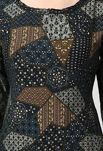 Lagi Women Round Neck 3/4 Sleeves Gold Foil Print Rayon Kurti, Grey (XL)