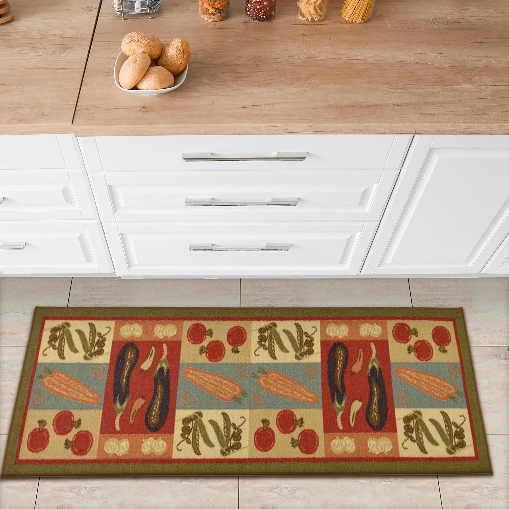 Machine Washable Vegetables Design Non-Slip Rubberback 2x5 Indoor Kitchen Runner Rug for Hallway, Kitchen, Living Room, Bedroom, Entryway, 20" x 59", Olive Green