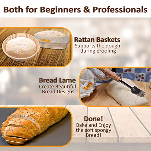 Set of 2 Banneton Bread Proofing Basket 9β Round, 10β Oval with Maximum 9 Bread Making Tools and Supplies by SMILLWALA Proofing Baskets for Sourdough Bread Baking Supplies Kit (Oval and Round)