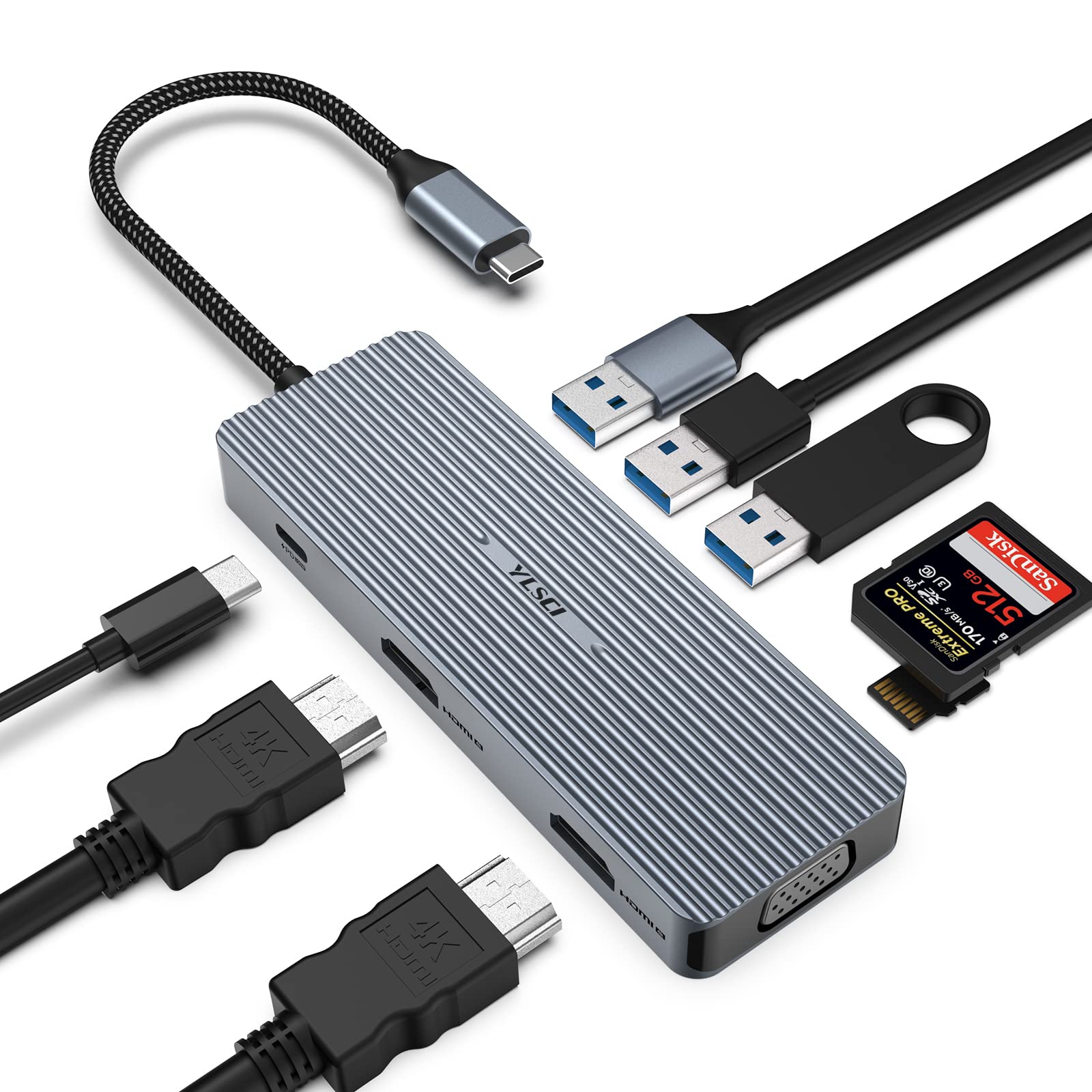 YLSCI USB C Hub, 9 in 1 USB C Hub, 2xHDMI, VGA, USB 3.0, 2xUSB 2.0, 100W PD, SD/TF-Reader, Used in MacBook Air/MacBook Pro/Surface Pro