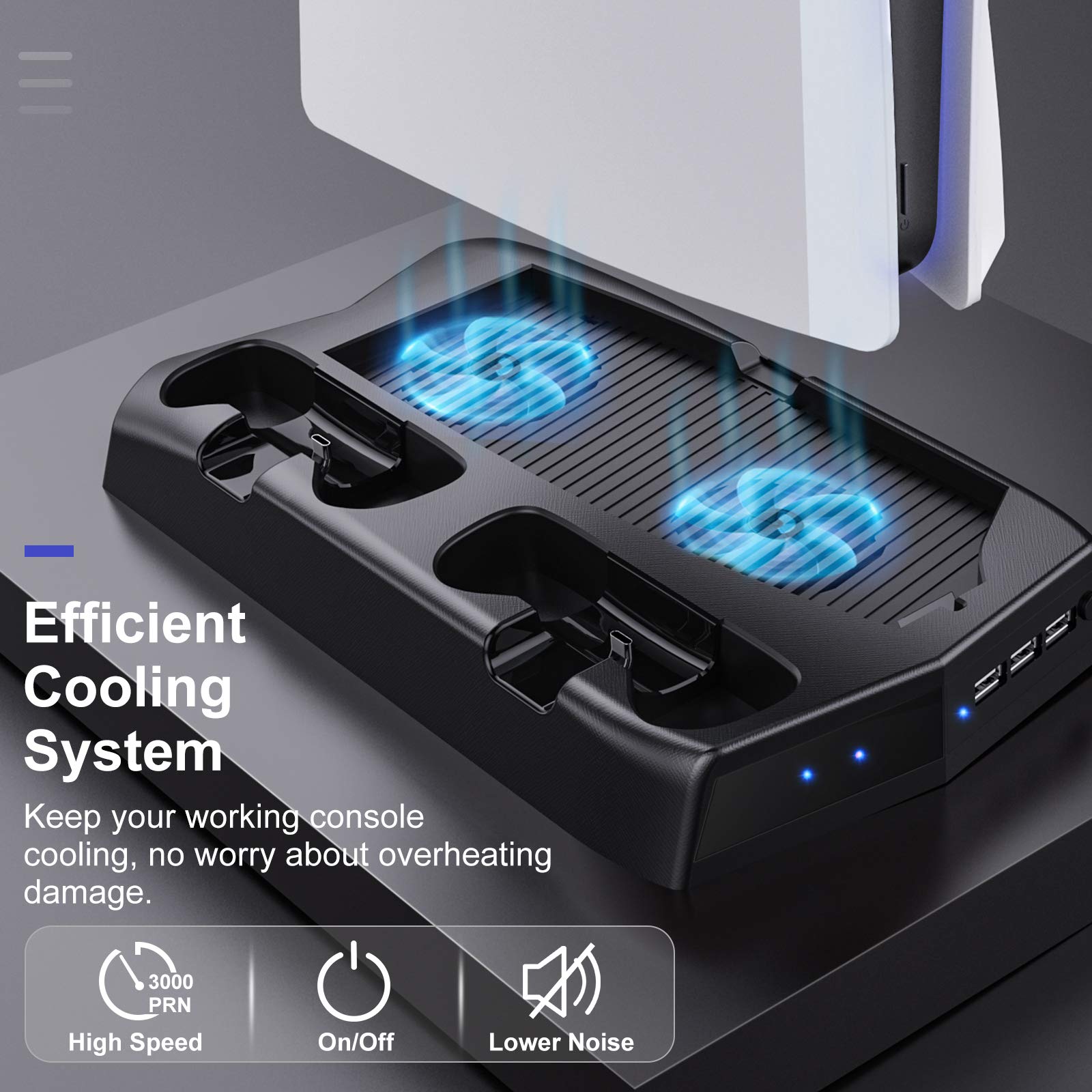 MoKo Cooling Fan Vertical Charger Stand for PS5, 3 in 1 Charging Station Dock Compatible with Sony Playstation 5 Digital Edition/Ultra HD Console & DualSense Controllers with 14 Game Slots 3 USB Ports