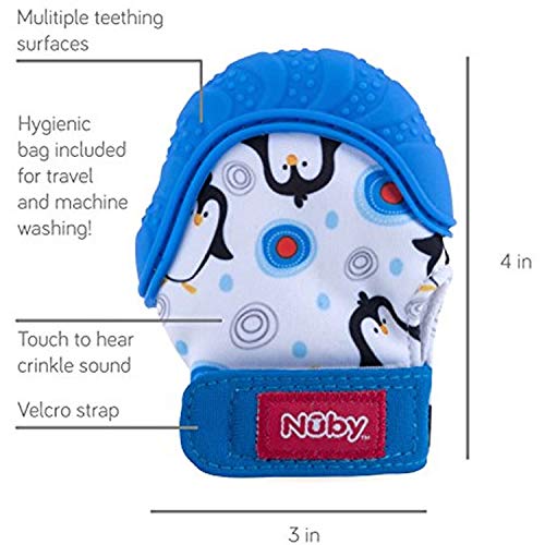 Nuby Soothing Teething Mitten with Hygienic Travel Bag, Blue Penguins, 1 Count (Pack of 1)