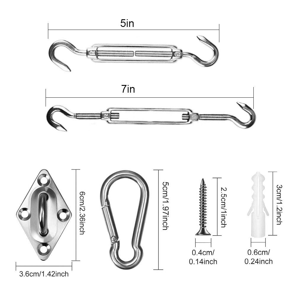 TooTaci Sun Shade Sail Hardware Kit with 1/8 Cable,304 Stainless Steel Shade Sail Hardware Kit 5inch with 100ft Stainless Steel Coated Cable,Rectangle/Triangle Sun Sail Hardware Kit for Outdoor Canopy