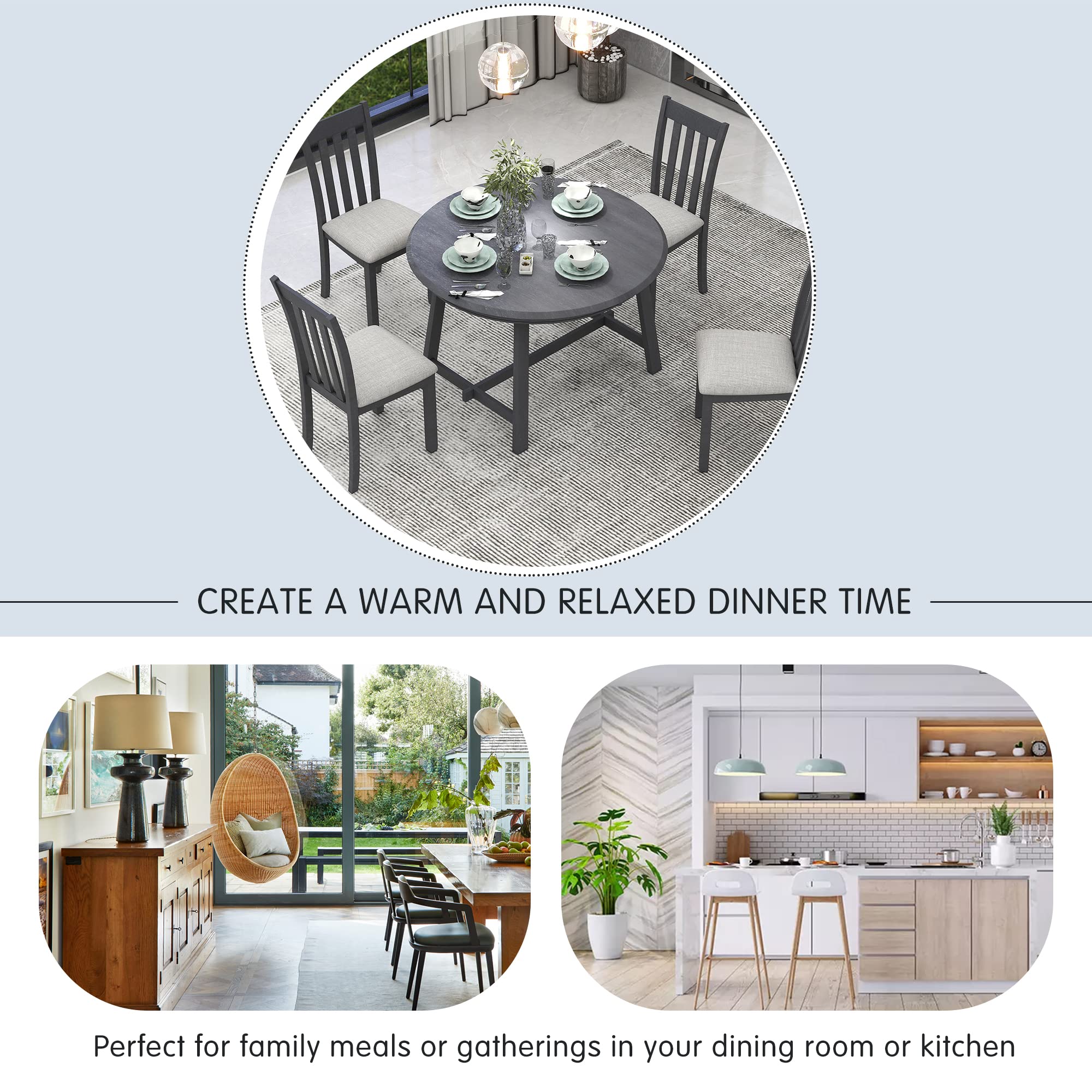 LAVHOME 5-Piece Extendable Round Set with 4 Chairs, Wood Kitchen Table for 4 People for Dining Room (Gray)