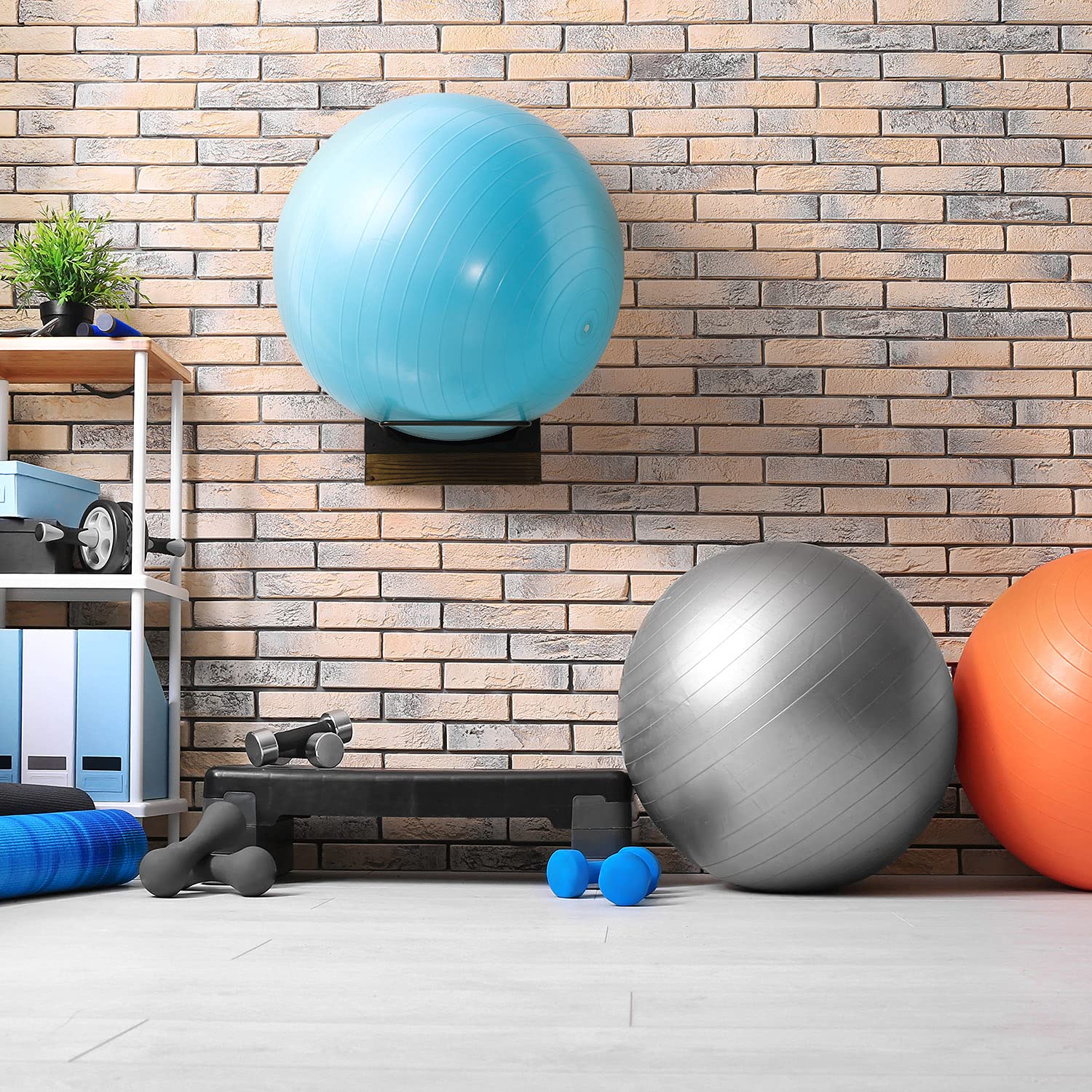 MyGift Rustic Burnt Wood and Black Metal Wire Wall Mounted Large Stability Ball Storage Rack, Yoga Studio and Home or Commercial Gym Exercise Ball Equipment Organizer