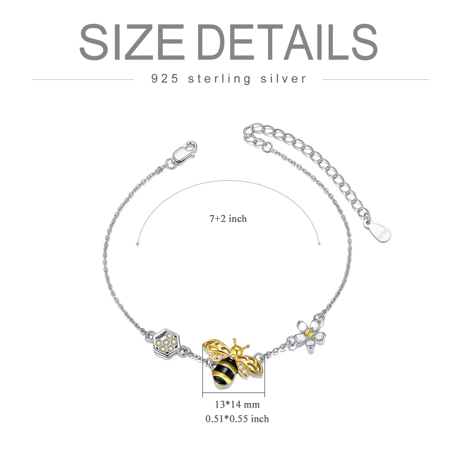 LONAGO 925 Sterling Silver Bumblebee Queen Honey Bee Honeycomb Sunflower Bracelet Daisy Jewelry Adjustable Link Chain Gift for Women Mom