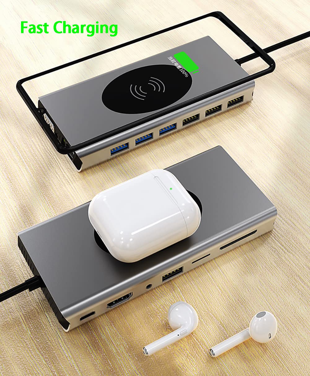 USB C Hub,USB-C Laptop Docking Station,15 in 1 Type C Adapter Compatible for MacBook and Windows(HDMI VGA PD3.0 SD TF Card Reader Gigabit Ethernet USB Ports)