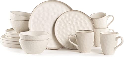 Potter's Corner by Maison Neuve 16-Piece Dinnerware Set Service for 4 - Hand Crafted Bowls and Plates Set w/Mugs, Stoneware Dinnerware Set, Microwave & Dishwasher Safe Plate Set - Oxford White