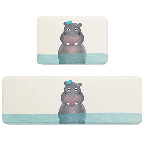 Possta Decor 2 Pieces Kitchen Rugs Set Cartoon Hippo Blue Stream,Water Absorbent Soft Doormat Area Runners Grey Animal River Horse,Non-Slip Bath Mat for Entryway Bathroom Laundry