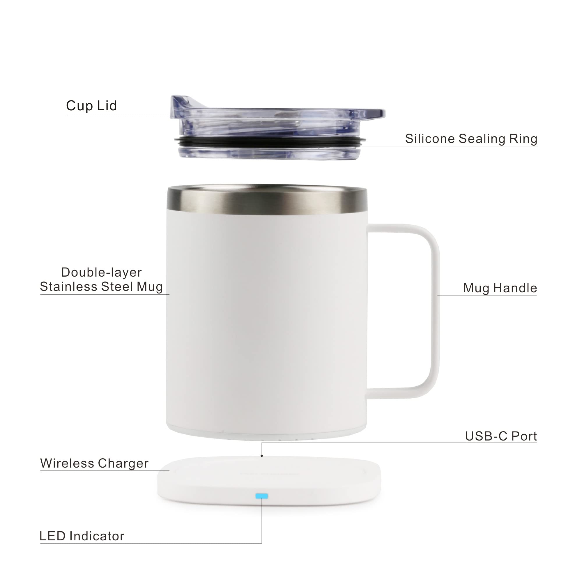 Self Heating Coffee Mug with Double-Layer 18/8 Stainless Steel,Coffee Mug Warmer Set,Fast Wireless Charger Includes,Heated Mug for Coffee (White 12oz)
