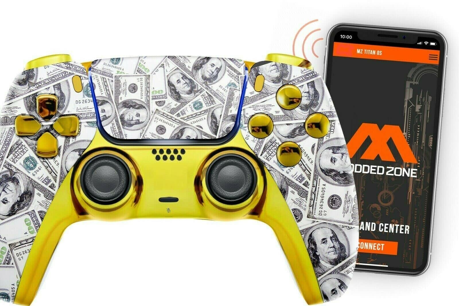 MODDEDZONE Custom Rapid Fire, Anti Recoil, Macros MODDED Wireless Controller for PS5 & PC - Unique Smart Mods for ps5 controller controlled by the APP. Best for FPS Games. Enhanced Gaming Experience (Gold Money)