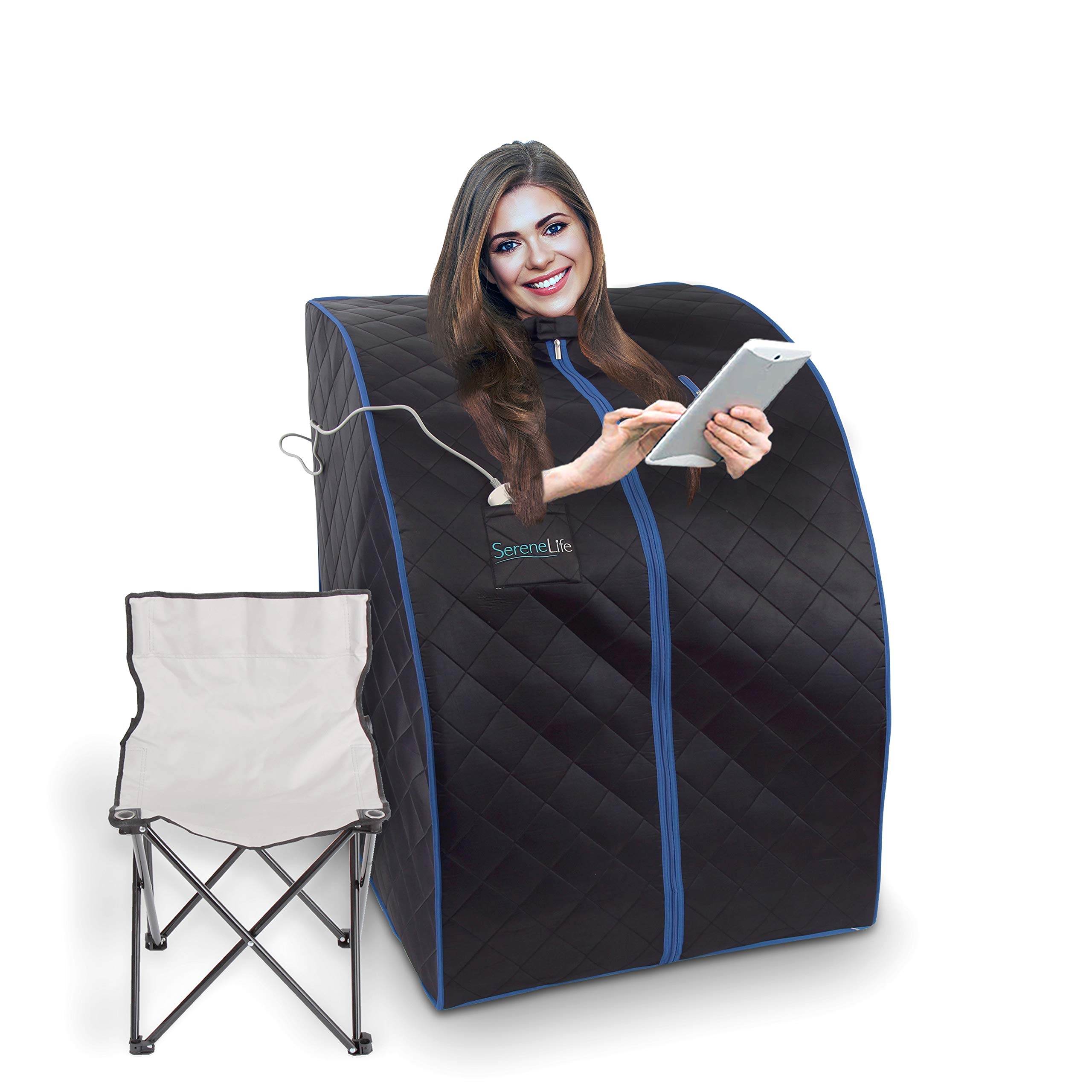 SereneLife Oversize Portable Infrared Home Spa | One Person Sauna | with Heating Foot Pad & Portable Chair, SLISAU20BK, Black