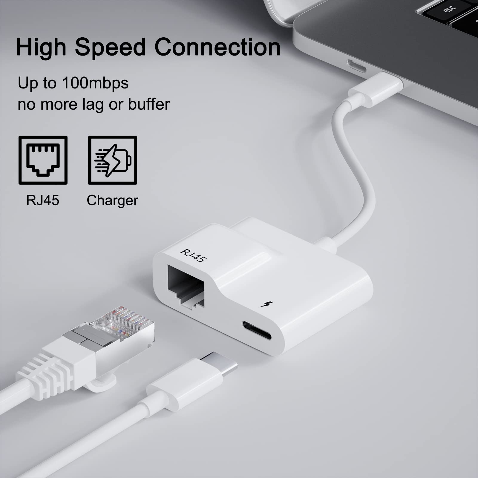 USB C to Ethernet Adapter,Type C ethernet adapter RJ45 100Mbps Ethernet Network Adapter with 60W Charger Port Compatible with MacBook Pro/Air, iPad Pro, Plug and Play
