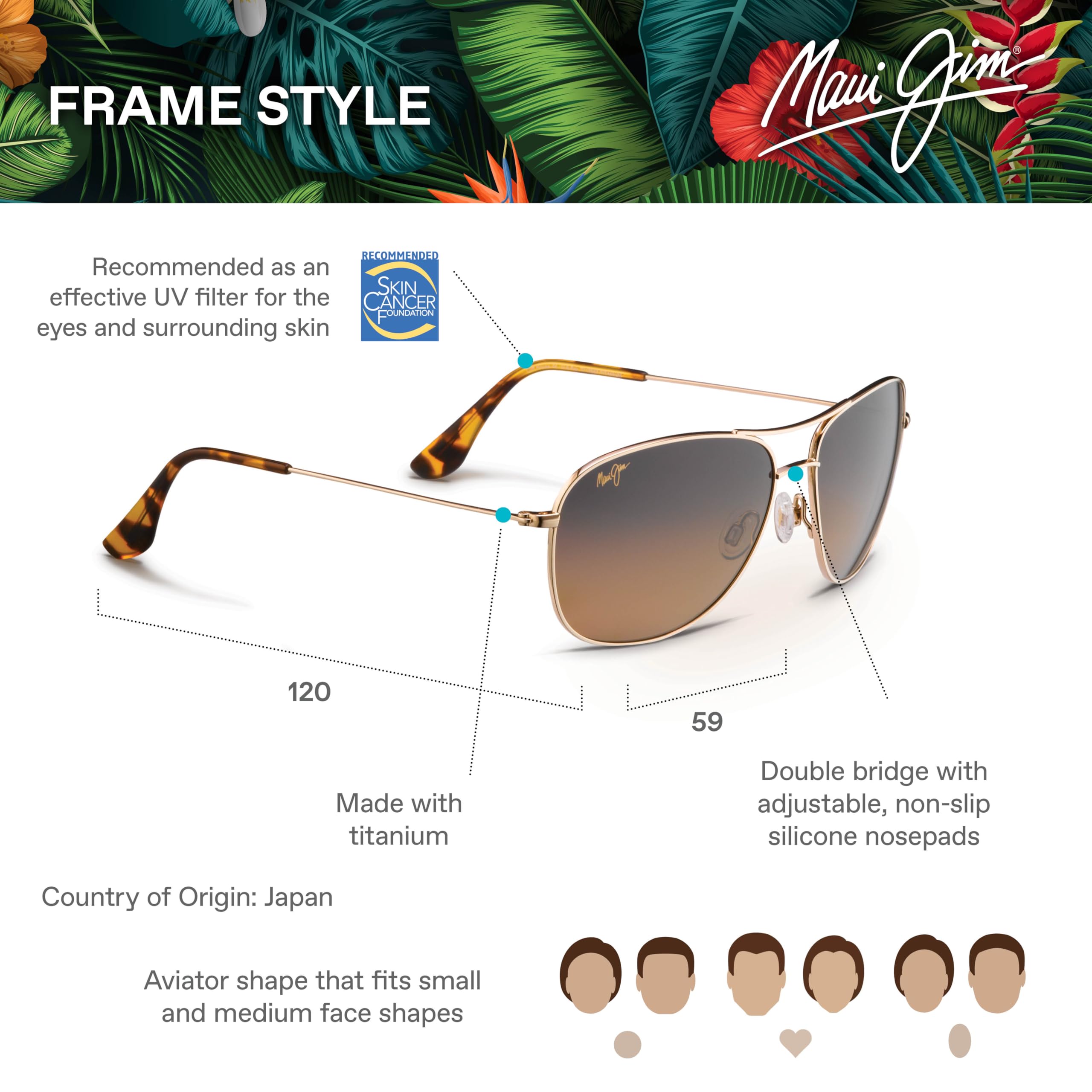 Maui Jim Men's and Women's Cliff House Polarized Aviator Reading Sunglasses, Gold/HCL® Bronze, Medium, +1.5