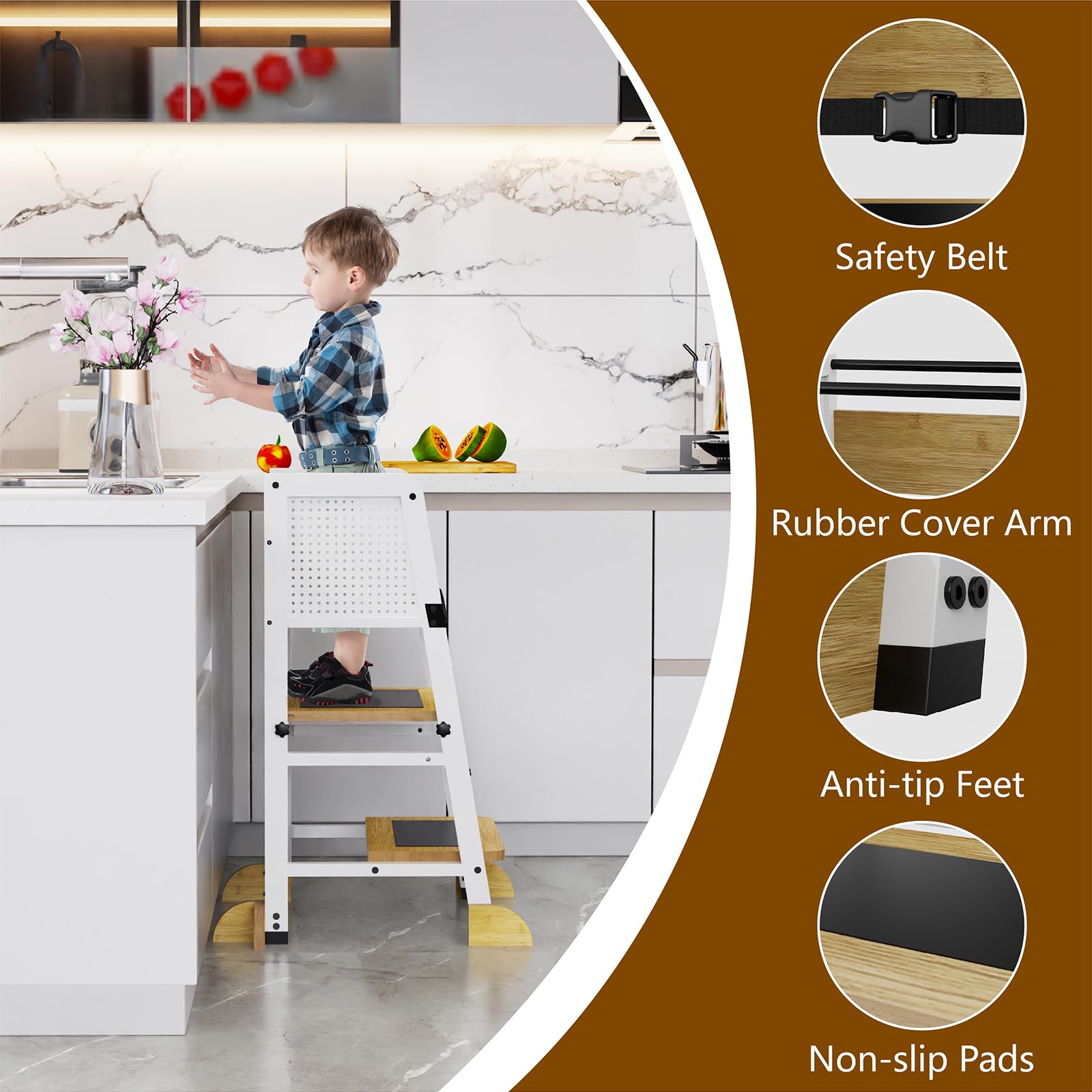 YAKANJ Toddler Standing Tower,Toddler Kitchen Stool Helper,Step Stool for Toddler Kids,Wooden Standing Tower with Adjustable Height,Anti-Slip Protection,Safety Belt-Wood