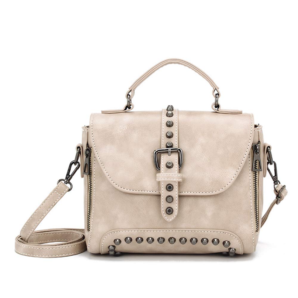 Mn&Sue Women Gothic Rivet Studded Crossbody Bag Vintage Pu Leather Top Handle Satchel Shoulder Messenger Purse for Lady (#1 Beige White)