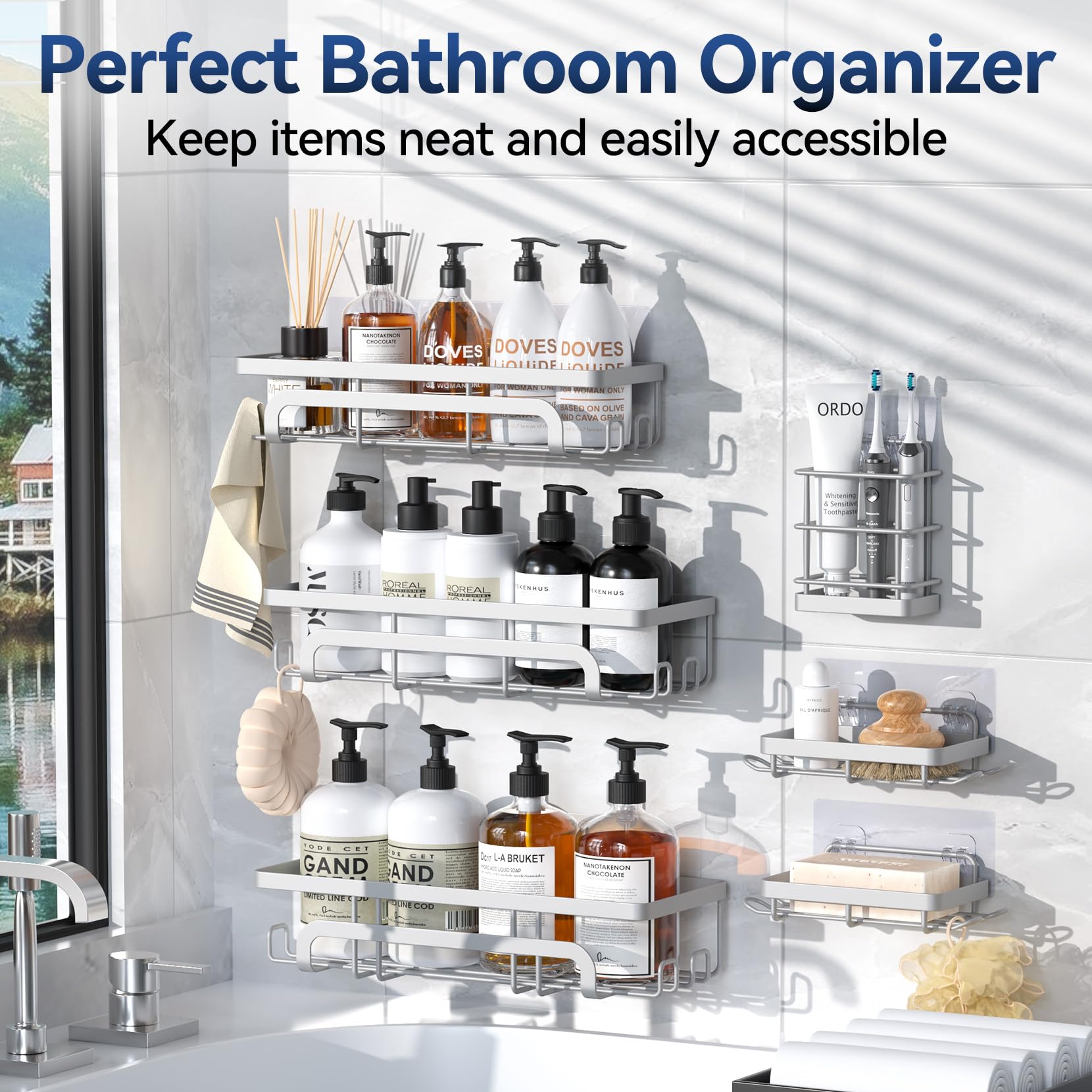 YASONIC Adhesive Shower Caddy, 6 Pack Shower Organizer with Soap Holder - No Drilling, Rustproof Shower Shelves, Shower Organizers and Storage for Inside Shower, Silver