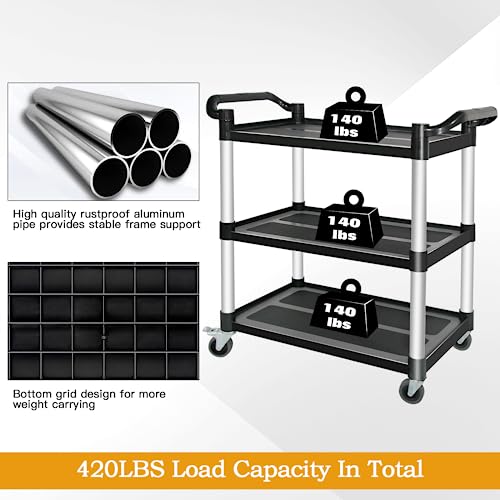 MAYNIYJK Plastic Utility Carts with Wheels, 3-Tier Restaurant Cart, Heavy Duty Rolling Cart Food Service Cart 420LBS, Bus Cart with Lockable Wheels and Rubber Hammer for Warehouse/Kitchen, Black