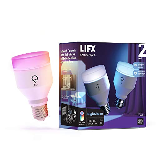 LIFX Color (Nightvision Edition), 1100lm E26, Wi-Fi Smart LED Light Bulb, Full Color and Whites, No Bridge Required, Works with Alexa, Hey Google, HomeKit and Siri, 2-Pack