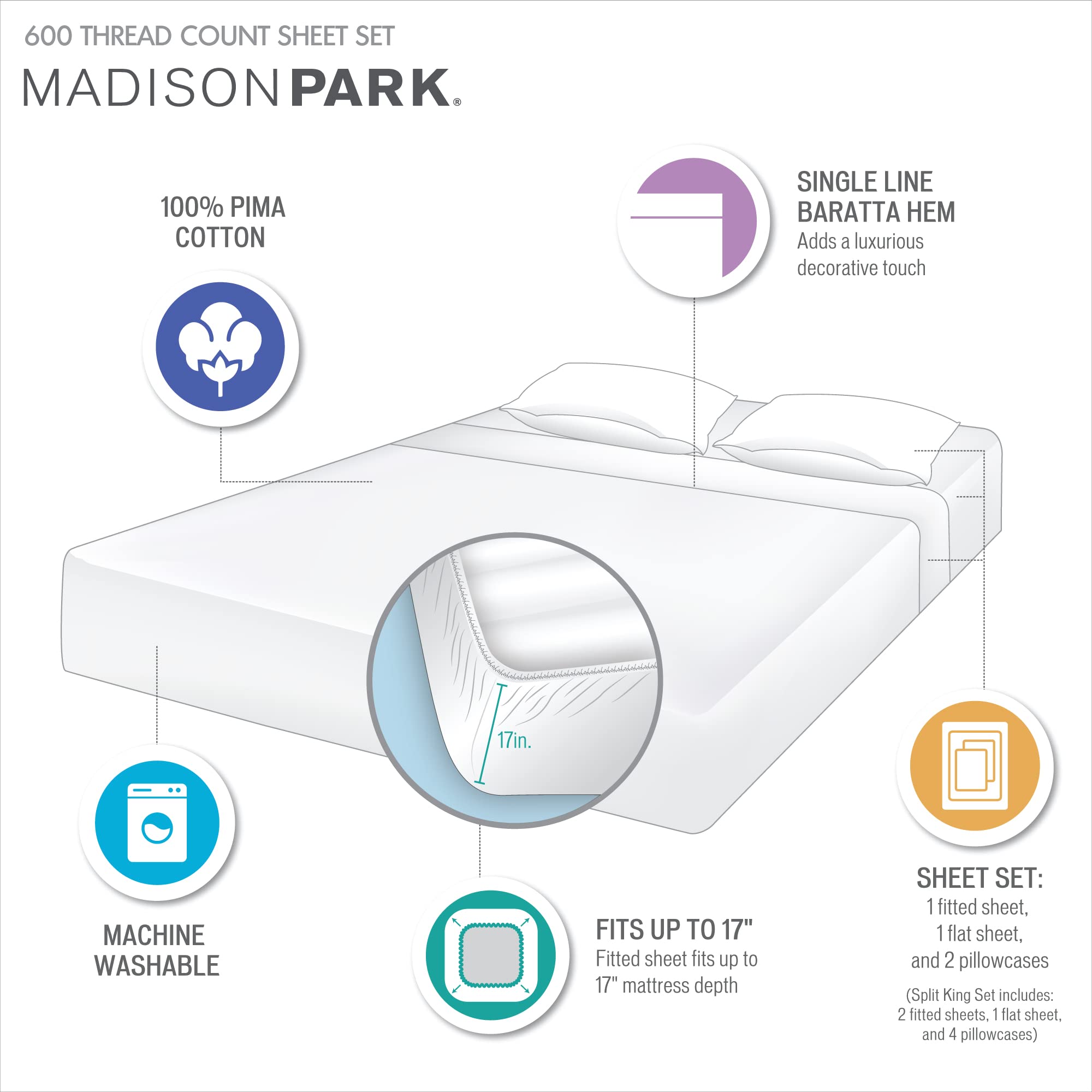 Madison Park 600 Thread Count Luxurious Hypoallergenic Ultra Soft Breathable 100% Pima Cotton 4 Piece Sheet Set, Queen, Plum