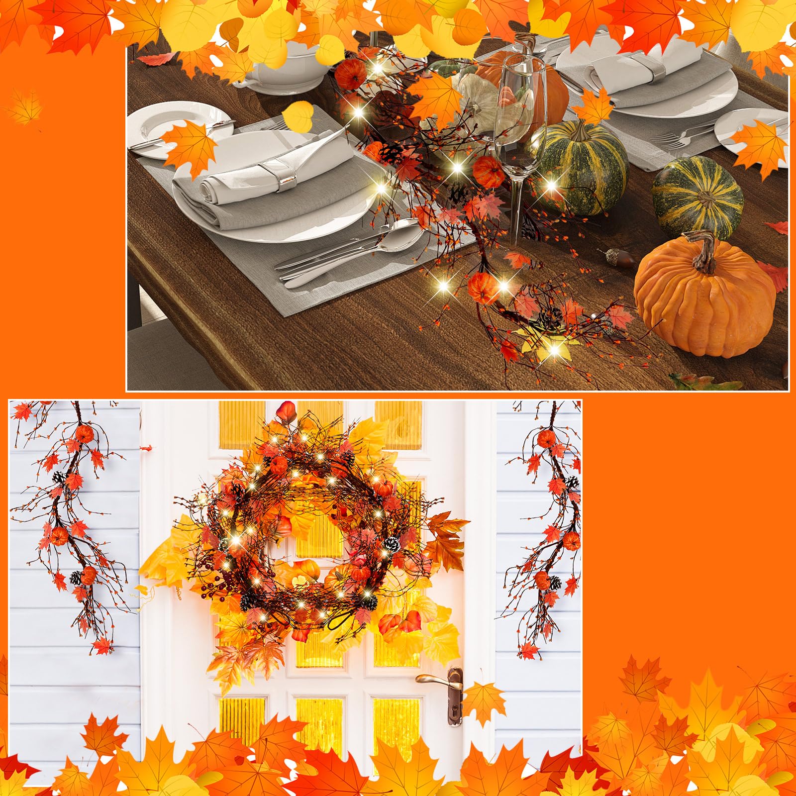 VercanMonth 5ft Fall Garland Pumpkin with 30 Lights Thanksgiving Vine with Maple Leaf Pinecone Garland Berry Orange Artificial Fall Decoration Garland for Mantle Fireplace Table Autumn Harvest Decor