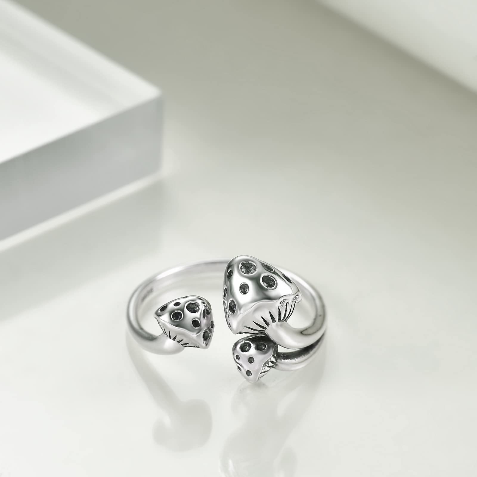 POPLYKE Mushroom Rings For Women Sterling Silver Adjustable Open Ring Jewelry Vintage Cute Cool Nature Ring