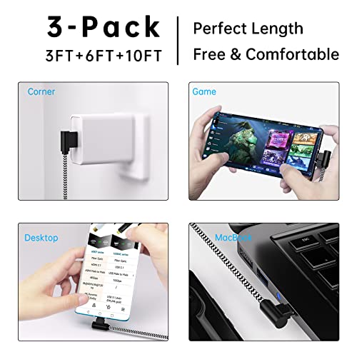 USB C to USB C Cable [3Pack, 3.3ft,6.6ft,10ft] 3A Type C Charger Fast Charging Cable Right Angle, Durable Nylon Braided USB C Charging Cable Compatible with Galaxy S10 S9 Plus S21, Note 10 9 LG