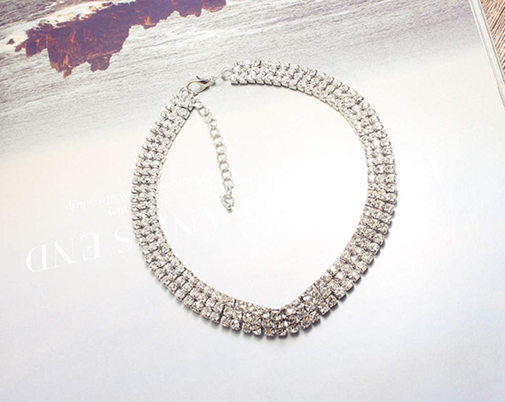 Layered Chain Necklace Shark Tooth Design Tassel White Rhinestone Choker Necklaces for Women (3 Row)
